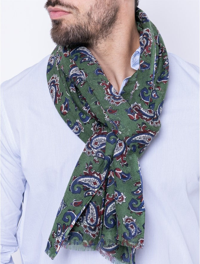 AMBROISIE - ÉCHARPE EN LAINE VERTE, BLEU, BLANC, ROUGE - MOTIF CACHEMI ...